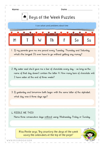 Days of the Week Word Problems by juniperpuddle - Teaching Resources - Tes