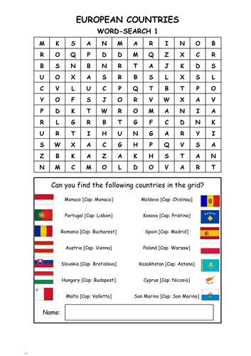 EUROPEAN COUNTRIES WORD-SEARCH by PUBLICSECONDARY - Teaching Resources ...