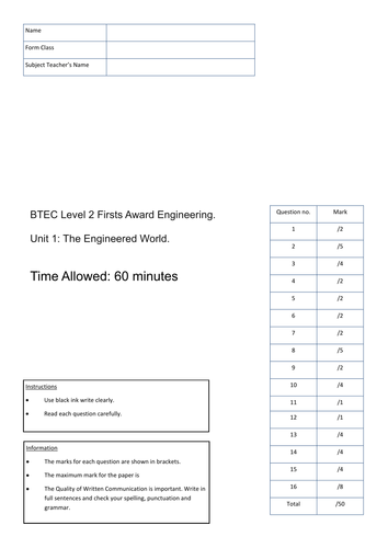 BTEC Engineering Level 2 - Unit 1: Engineered World - Mock Exam (A) by ...