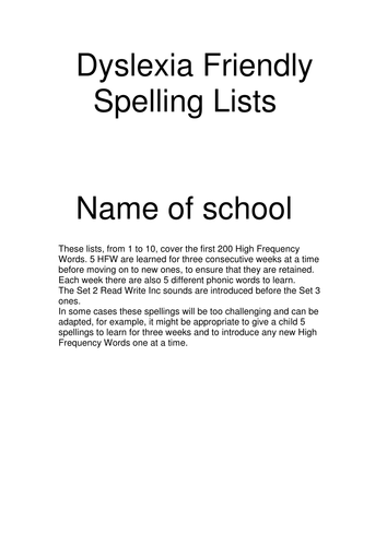 Dyslexia Friendly Spelling Lists elementary school Big Spellings by ...