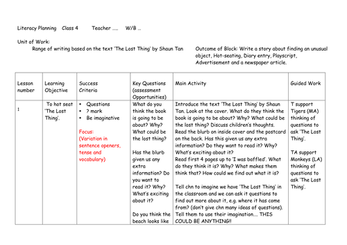 Literacy KS2 planning - unit of work (12 lessons) based on 'The Lost ...