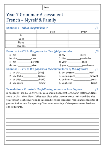 French Myself & Family - Grammar Assessment and Translation by ...