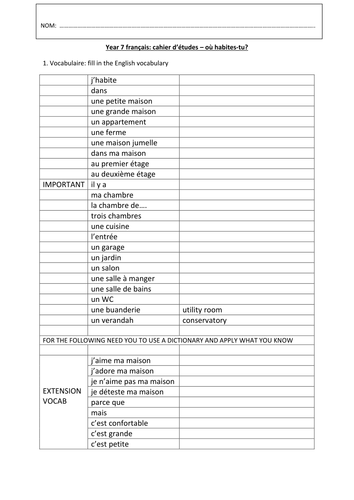 House and Home La maison French KS3 cover worksheet by ladyjennifer ...