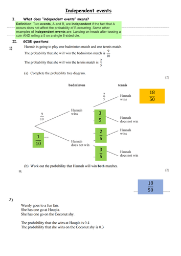 Probability trees exam questions (worksheets and answers) by valerie ...