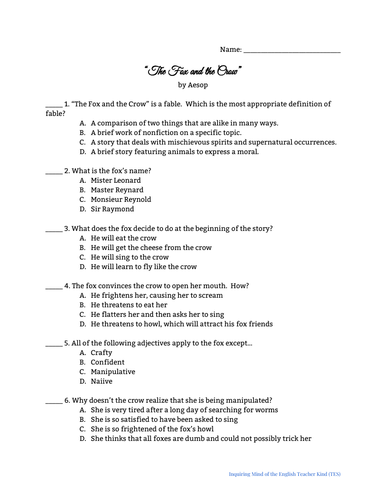 "The Fox & The Crow" by Aesop - Quiz & Key by inquiringmind44 ...