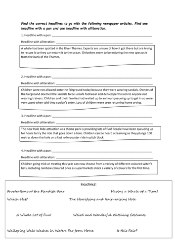 Newspaper Headlines Worksheet by ropponmatsu - Teaching Resources - Tes