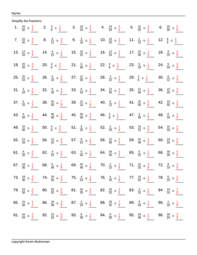 Simplifying Fractions 100 Worksheets with Answers Maths Mathematics KS2 ...