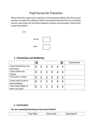 Pupil survey/questionnaire about transition by mrpinkhouse - Teaching ...