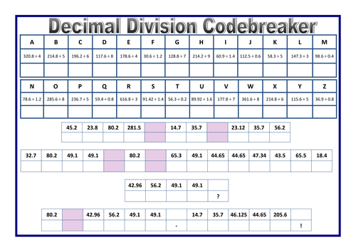 Decimal Division Codebreaker Sheet by prof689 - Teaching Resources - Tes