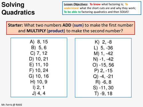 Primary quadratics graphs resources