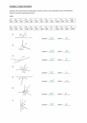 Angles code-breaker (Answers included) by fionajones88 - Teaching ...