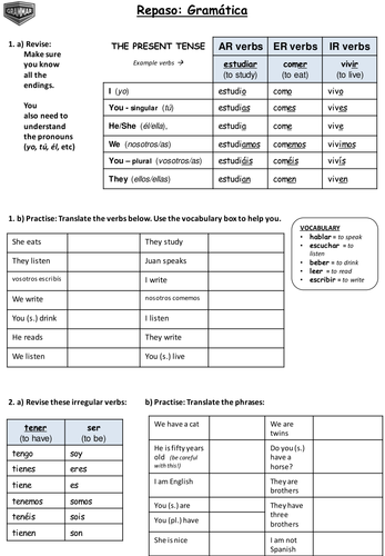 KS3 Spanish: Grammar practice worksheet (present tense and other basic ...