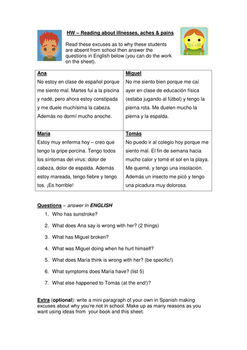 Spanish Illnesses reading task by HarrisSchool - Teaching Resources - Tes
