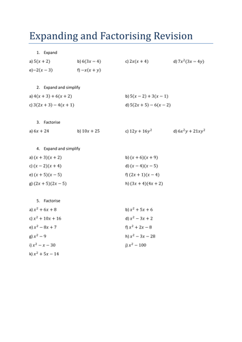 Expanding and Factorising revision. Worksheet by Tristanjones ... Expanding and Factorising revision. Worksheet by Tristanjones ...