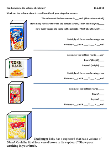 Calculating volume for cereal boxes. by jackandrewburke - Teaching ...