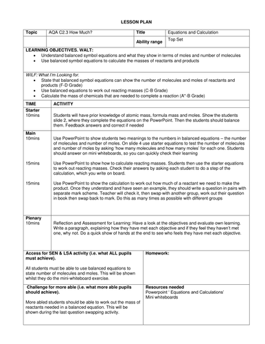 GCSE Equations and Calculations (Calculating reacting masses ...