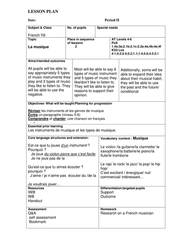 LA MUSIQUE - Session II - French - Y8 | Teaching Resources