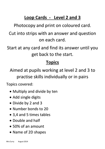 Eight sets of loop cards for pupils at level 2 and 3 (maths) | Teaching ...