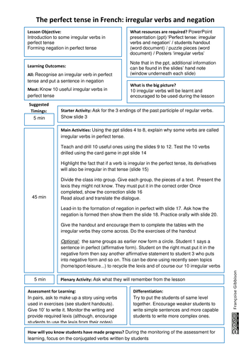 The perfect tense in French: irregular verbs and negation | Teaching ...