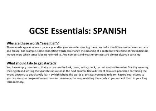 Spanish GCSE Essentials Booklet | Teaching Resources Spanish GCSE Essentials Booklet | Teaching Resources
