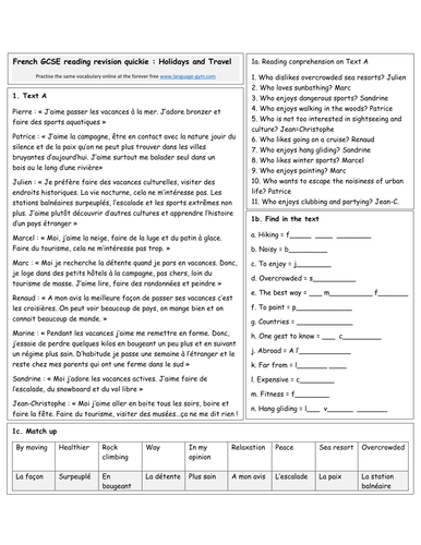 GCSE French reading quickie: Holidays by gianfrancoconti1966 - Teaching ...