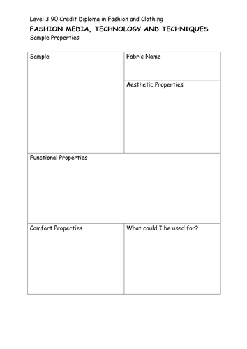 Fabric Properties Worksheet and Help sheet | Teaching Resources