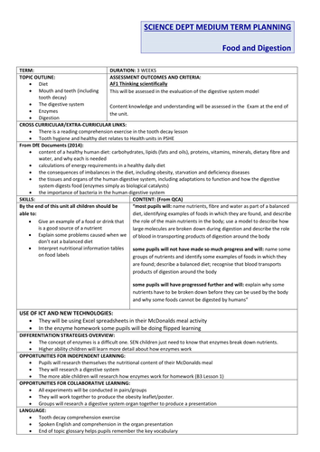 Food and Digestion Unit Plan (KS3) | Teaching Resources