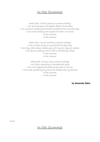 In the Summer Poem | Teaching Resources