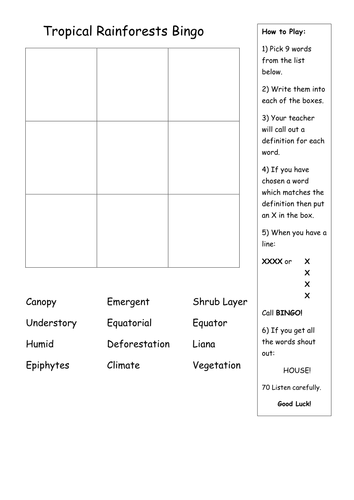 Tropical Rainforest Bingo Starter/Plenary | Teaching Resources