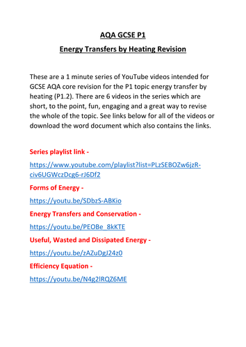 AQA GCSE P1 Using Energy Revision | Teaching Resources