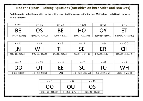 Find the Quote – Solving Equations (Variables on both Sides and ... Find the Quote – Solving Equations (Variables on both Sides and ...