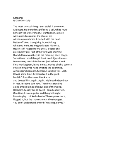 Stealing by Carol Ann Duffy by sjb1987 - Teaching Resources - Tes