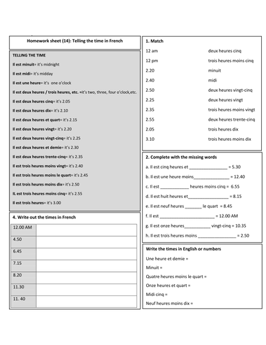 KS2/3 French - homework sheet on telling the time by ...