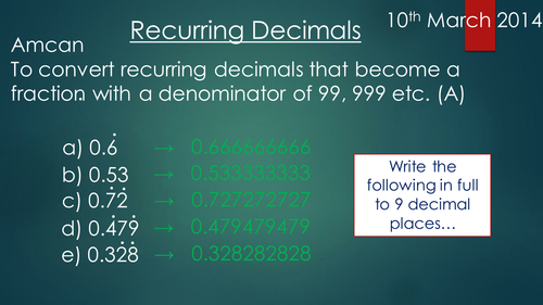Recurring Decimals to Fractions | Teaching Resources