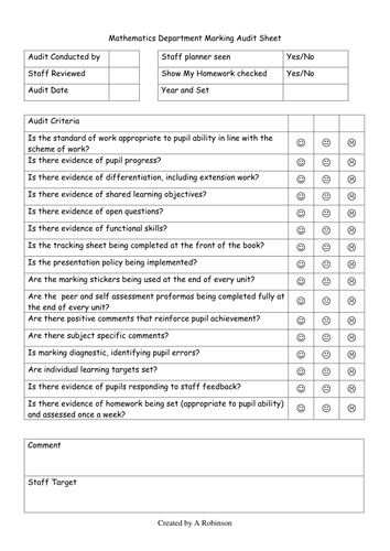 Mathematics Department Marking/Work Scrutiny Audit Sheet | Teaching ...