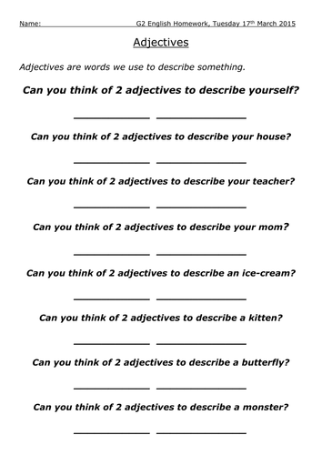 Adjective Worksheet Pack by barang - Teaching Resources - Tes