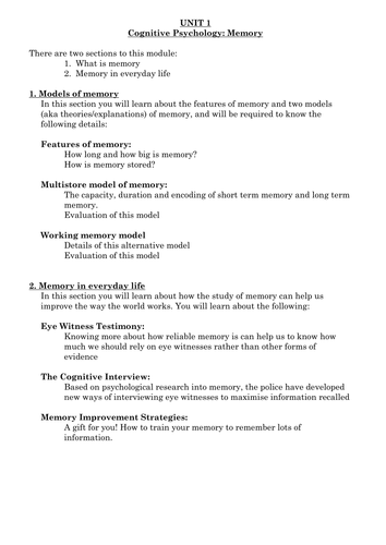AS PSYCHOLOGY MEMORY | Teaching Resources