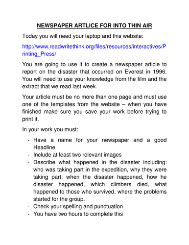 Into Thin Air: Writing a newspaper article | Teaching Resources