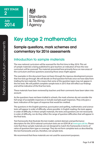 Key Stage 2 2016 Sample Maths Assessment | Teaching Resources