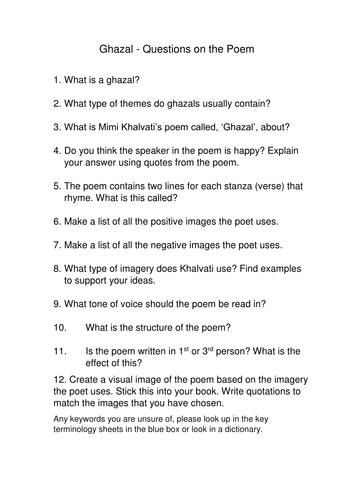 Questions on Ghazal. | Teaching Resources