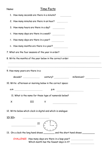 Time Revision Facts | Teaching Resources