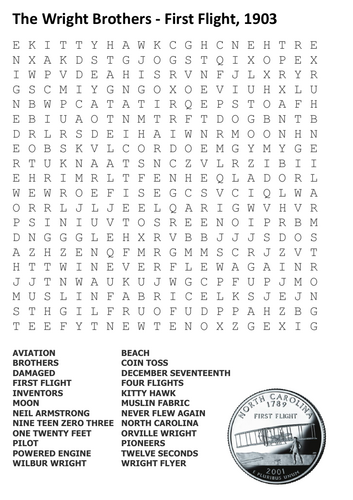 The Wright Brothers - First Flight, 1903 Word Search | Teaching Resources