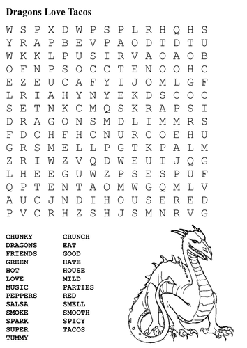 Dragons Love Tacos Word Search and Color by sfy773 | Teaching Resources