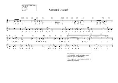 California Dreamin' Simple Melodic Lead Sheet | Teaching Resources