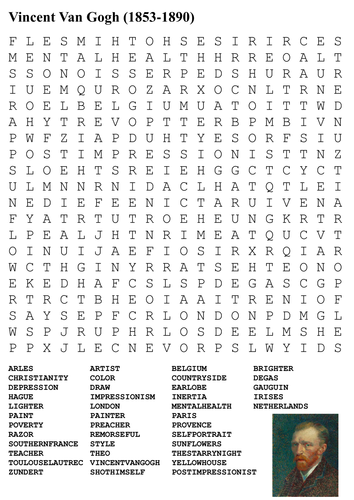 Vincent Van Gogh Word Search | Teaching Resources