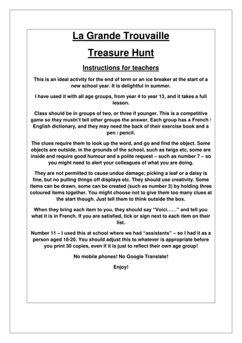 French Classroom Treasure Hunt | Teaching Resources