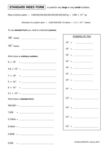 Standard Index Form Worksheet (BL) by St.Christophersschool - Teaching ...