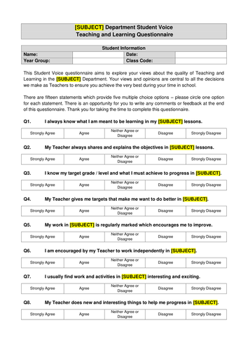Student Voice Teaching and Learning Questionnaire - Subject by RJS2013 ...