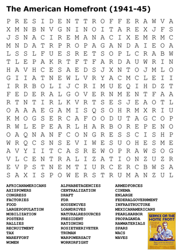 The American Homefront in World War Two Word Search | Teaching Resources