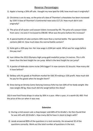 Reverse Percentages Worksheet by jamesclegg - Teaching Resources - Tes
